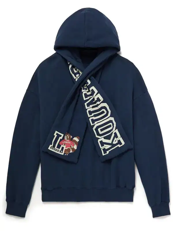 Kapital Scarf-Detail Logo-Print Cotton-Jersey Hoodie - Blue