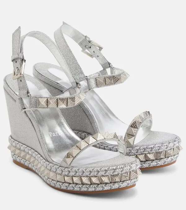 CHRISTIAN LOUBOUTIN Pyraclou Embellished Leather Sandals - Silver