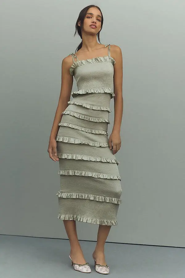 V. CHAPMAN Lily Ruched & Ruffled Stretch Satin Midi Dress - Sage