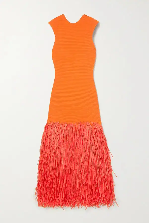 Aje Fringed Faux Raffia-Trimmed Ribbed Stretch-Knit Midi Dress - Orange ...