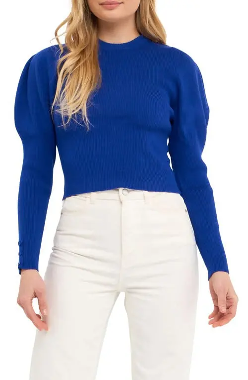 Endless Rose Leg Of Mutton Sleeve Ribbed Sweater - Blue