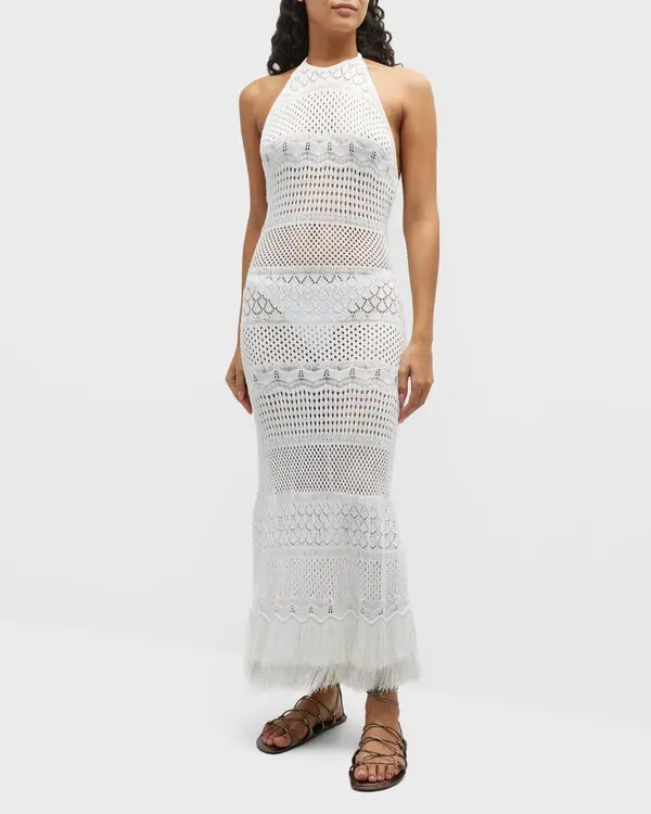 MILLY CABANA Fringe Halter Crochet Maxi Dress