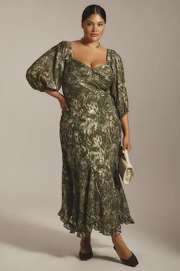 Hutch Printed Twist-Front Puff-Sleeve Ruffle-Hem Dress - Green Pattern |  Editorialist