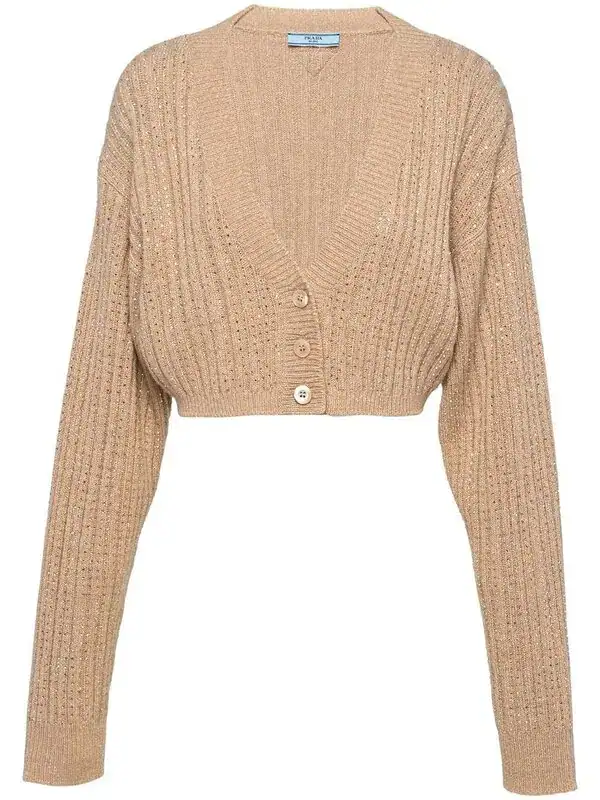 Prada Rhinestone-Embellished Wool-Cashmere Cardigan - Neutrals 