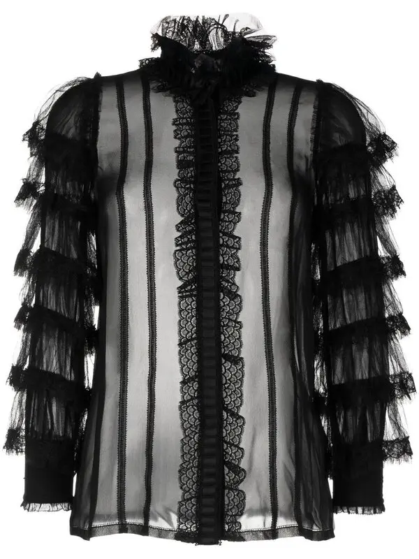 Shiatzy Chen Ruffled Mulberry Silk Blouse - Black