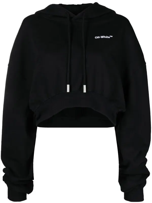 Off-White Cropped Hoodie With Drawstring - Black