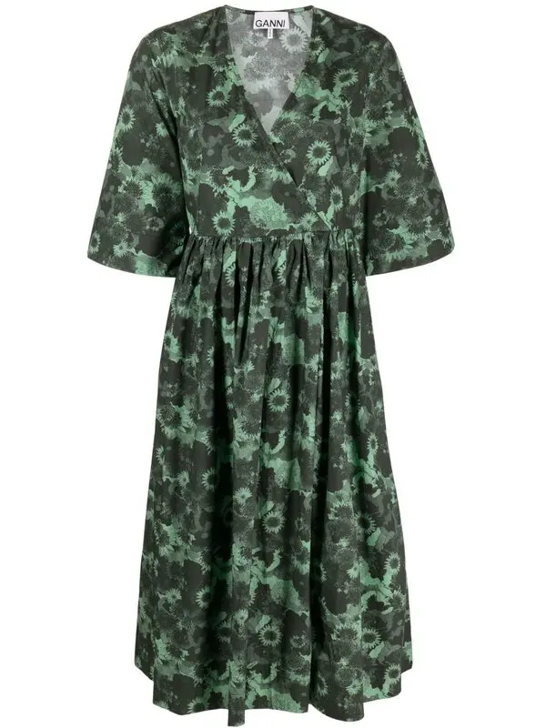 GANNI Organic Cotton V-neck Midi Dress
