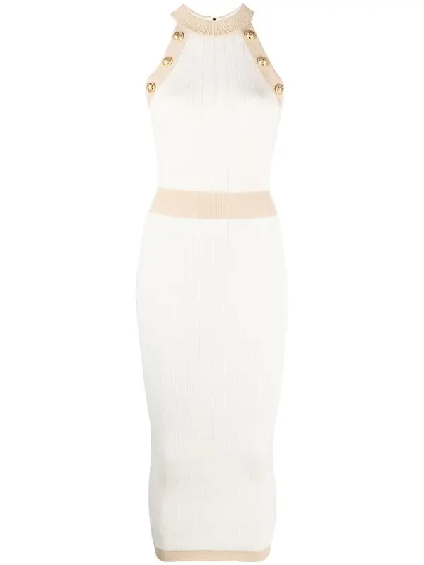 Balmain Button-detailed Knitted Halterneck Dress - Neutrals