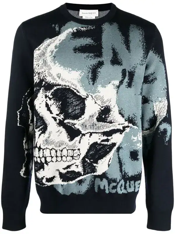Alexander Mcqueen Skull-Motif Jacquard Jumper Blue Editorialist