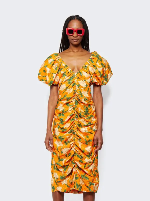 Agua Bendita Camelia Floral Printed Midi Dress - Orange