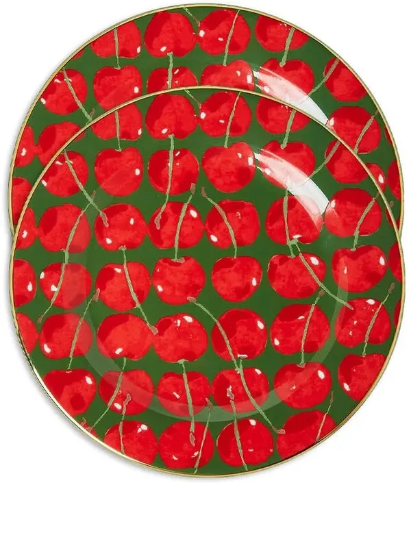 La DoubleJ Cherries Verde-print Dessert Plates - Red
