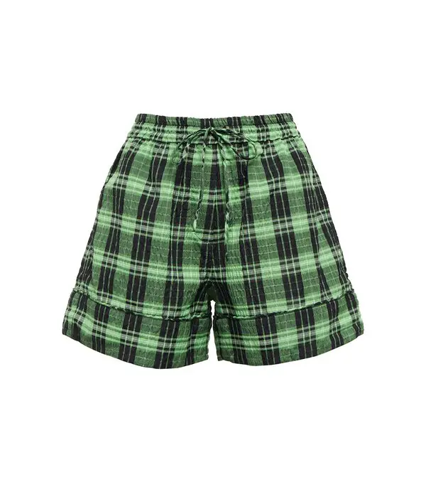 GANNI Checked Seersucker Shorts - Green