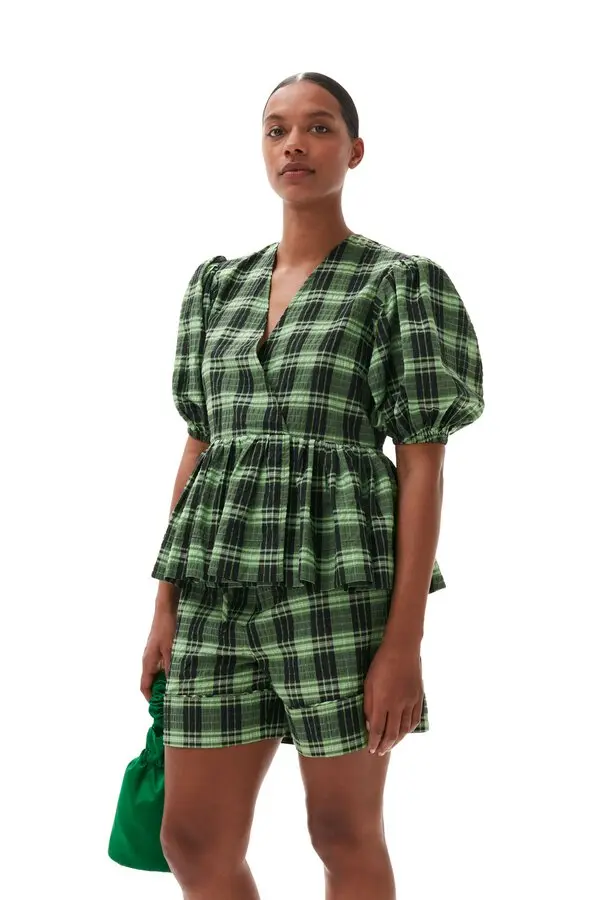 GANNI Seersucker Check Wrap Blouse