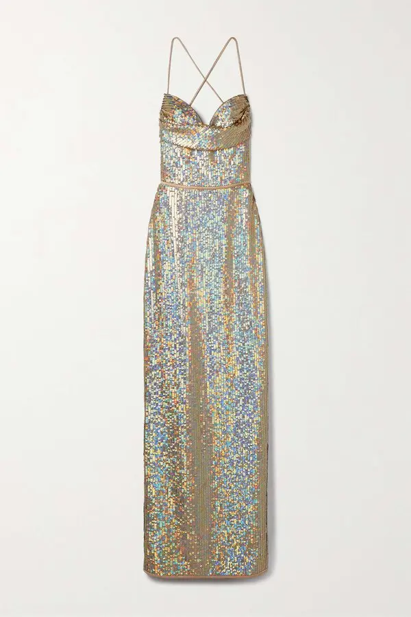 rasario gold dress Embroidered satin maxi dress with voluminous drapery 38 (FR) / Black/Gold main image 0