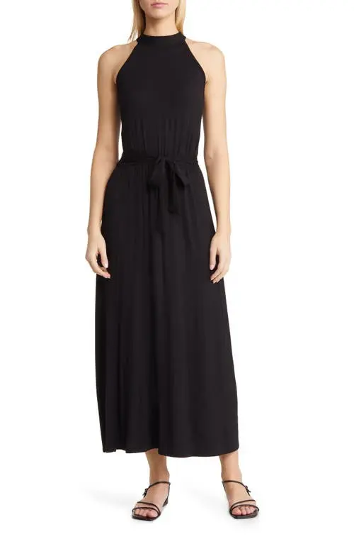 Loveappella Tie Waist Halter Maxi Dress - Black
