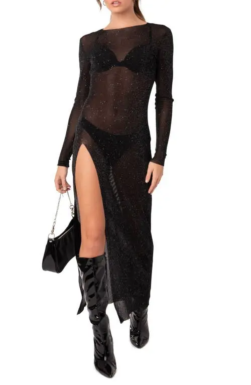 EDIKTED Glitter Mesh Slit Maxi Dress - Black