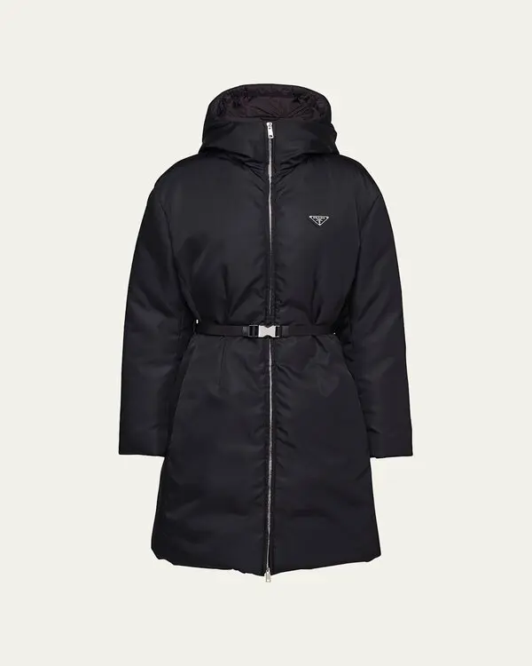 Prada Re-nylon Hooded Down Belted Jacket - Nero