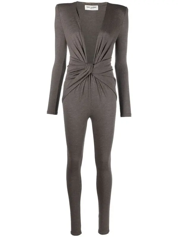 Saint Laurent Twist-detail V-neck Jumpsuit - Brown