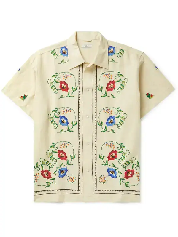 Bode Morning Glory Embroidered Linen And Cotton-Blend Shirt L