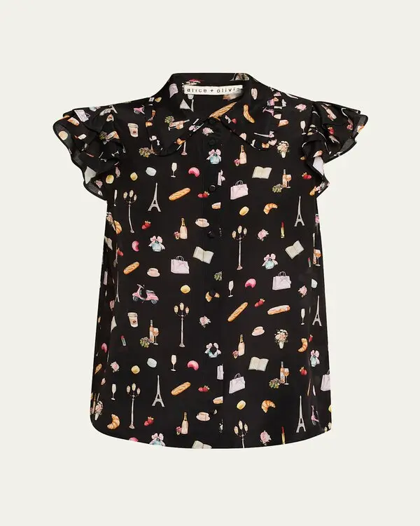 Alice + Olivia Martel Flutter-sleeve Blouse - Black Multi