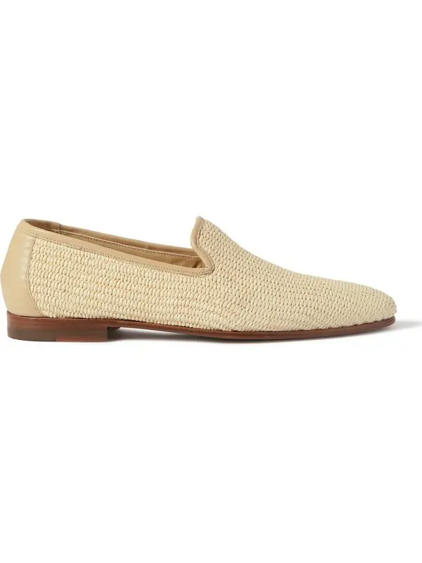 Manolo Blahnik Mario Leather-trimmed Raffia Loafers - Neutrals