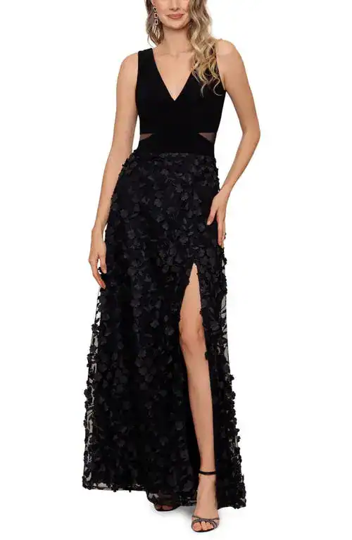 Xscape 3d Floral Sleeveless Fit & Flare Gown - Black/ Black | Editorialist