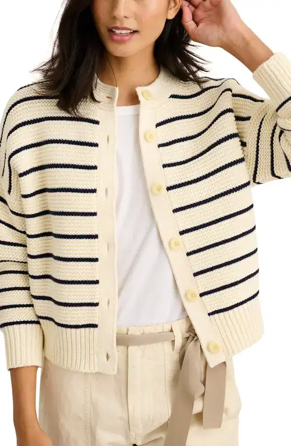 Alex Mill Nico Chunky Stripe Cotton Cardigan Ivory/ Navy
