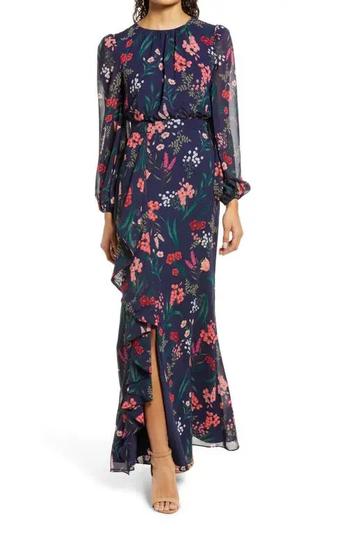 eliza j floral cascade ruffle long sleeve dress Eliza J Long Sleeve Cascading Ruffle Gown - Navy Multi