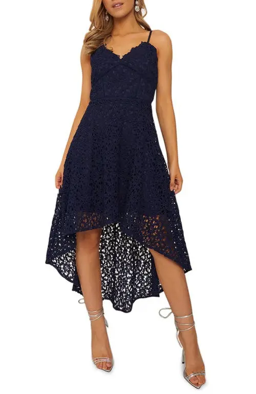 Chi Chi London Strappy Lace High-Low Dress In Navy - 44% Off