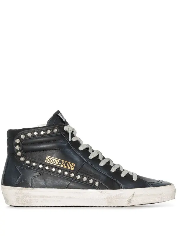 Golden Goose Slide Distressed Studded High-top Sneakers - Black