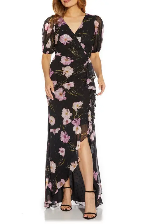 Adrianna Papell Floral Print Chiffon Ruffle Gown In Black Multi - 30% Off