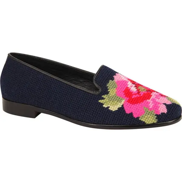 BYPAIGE Needlepoint Peony Flat - Pink Peony On Navy Loafer