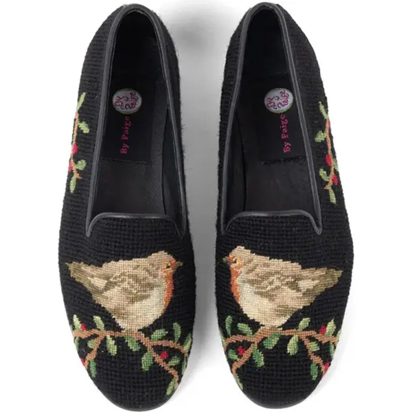 BYPAIGE Needlepoint Bird Flat - Robin On Black