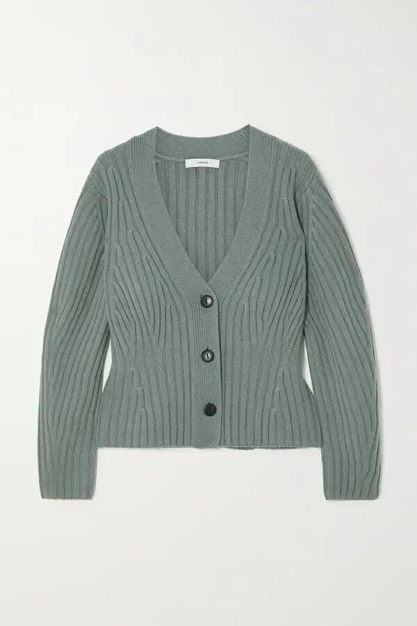 Vince Ribbed Merino Wool And Cashmere-Blend Cardigan In Gray 80