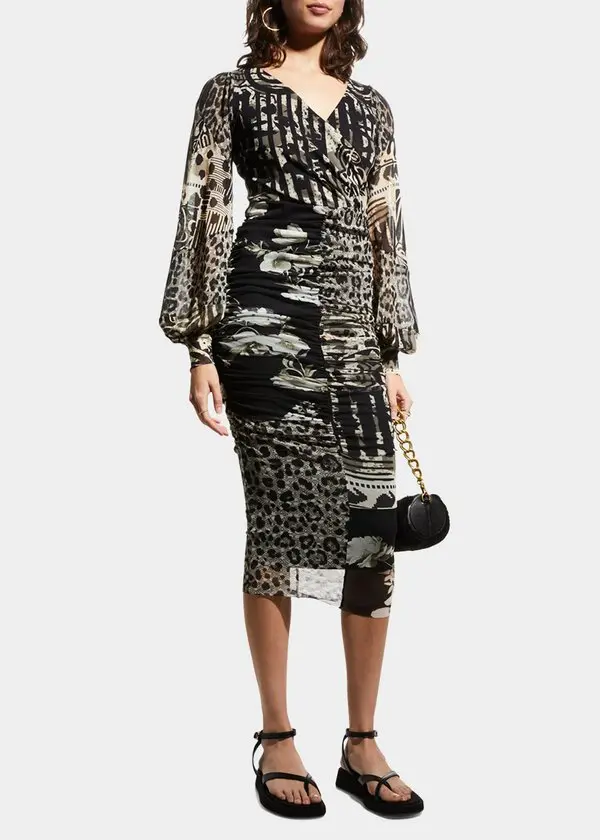 Fuzzi Mixed-Print Blouson-Sleeve Dress In Nero 75% Off