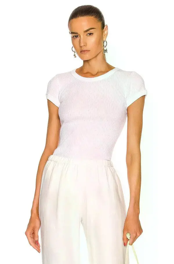 Enza Costa Pointelle Knit Cap Sleeve Crew Top - White
