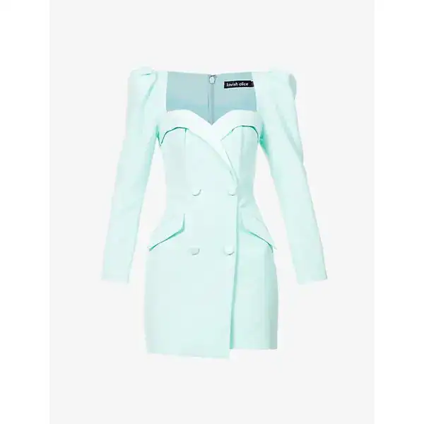 Lavish Alice Puffed-Sleeve Stretch-Crepe Blazer Mini Dress - Mint Green |  Editorialist