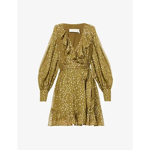 Zimmermann Metallic Silk-Blend Mini Wrap Dress - Khaki | Editorialist