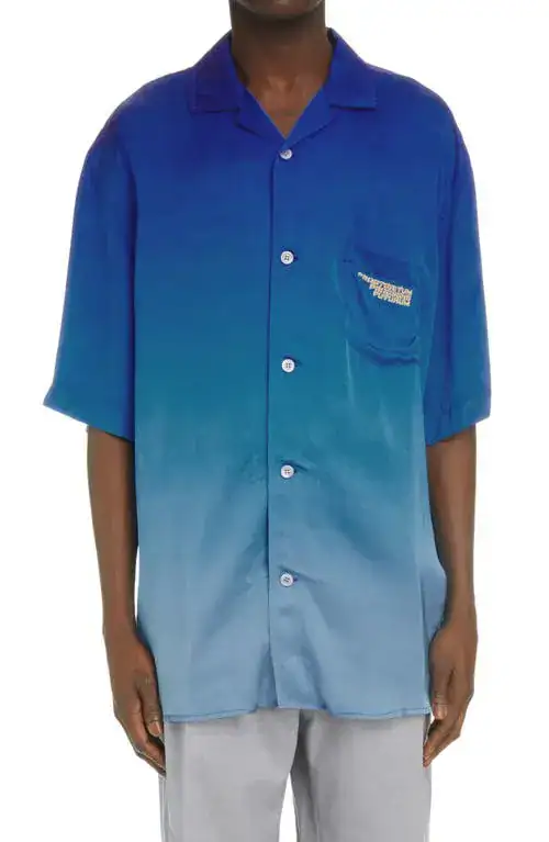 Acne Studios Statue Print Short Sleeve Button-Up Shirt In Blue
