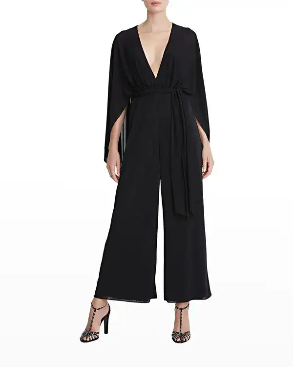 Halston Reagan Kimono-Sleeve Wide-Leg Jumpsuit Black Editorialist