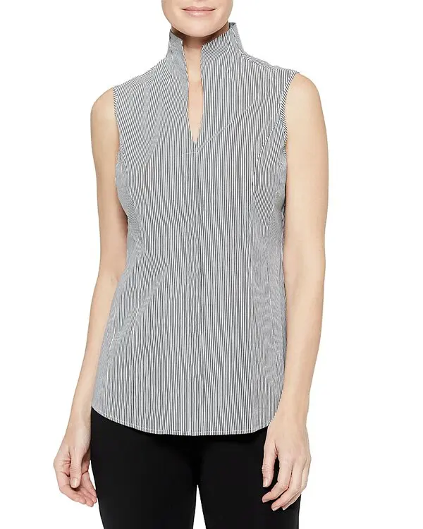 Misook Striped Mandarin Collar Top - Black/white