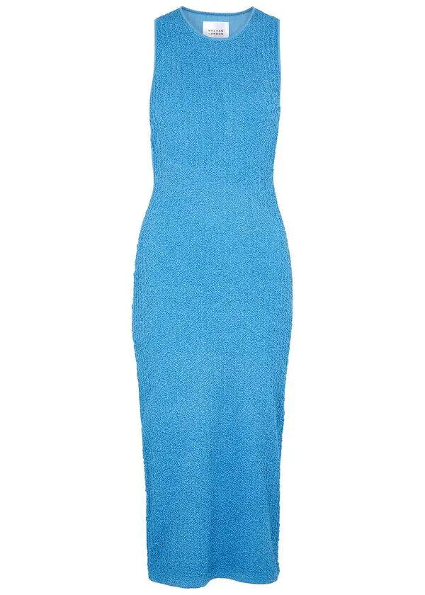 selene cocktail midi dress blue Selene Light Blue Midi Knit Dress