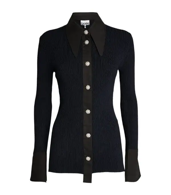 Ganni Embellished Point Collar Cardigan In Navy 41% Off
