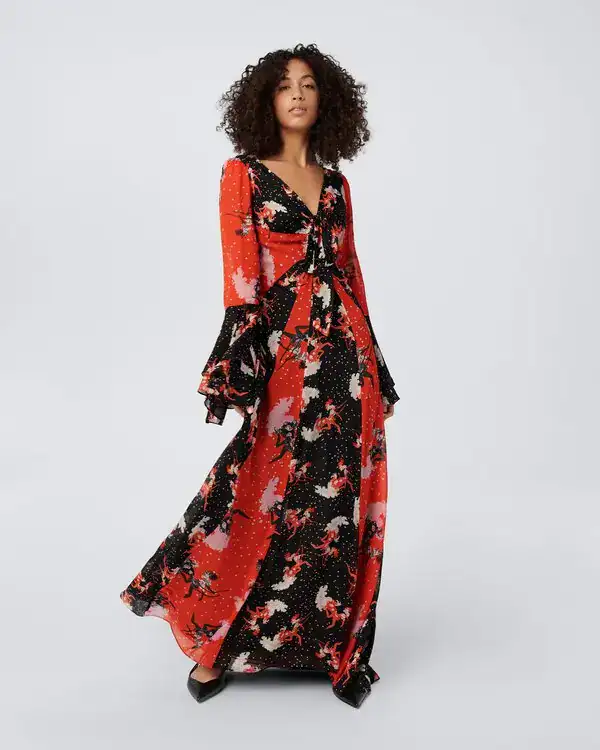 Diane Von Furstenberg Selena Chiffon Maxi Dress In Dancers Lrg Red/ Sml Blk  - 60% Off