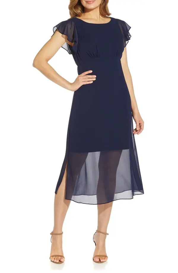 Adrianna Papell Chiffon & Jersey Midi Dress In Navy - 30% Off | Editorialist