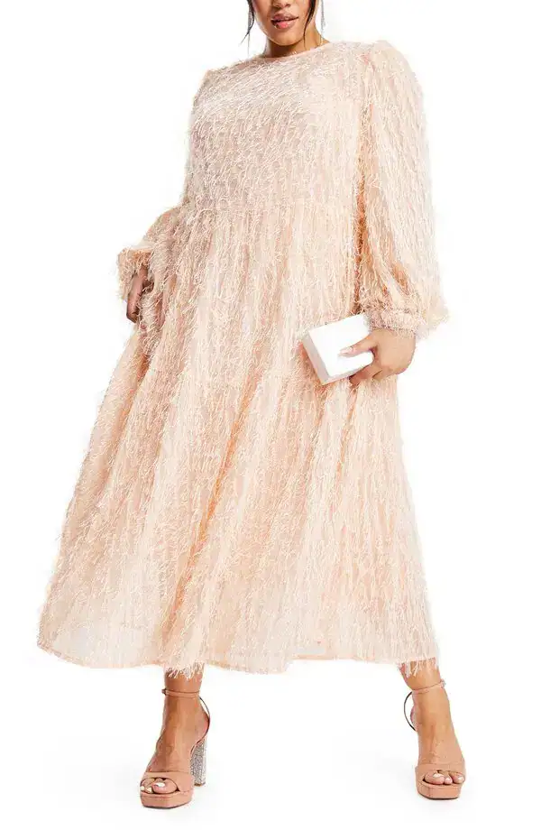Asos Curve Tiered Fringe Long Sleeve Midi Dress In Light Pink - 60% Off |  Editorialist