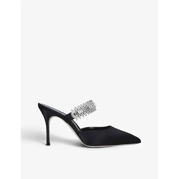 Manolo Blahnik Lutara Crystal-Embellished Satin Mules Black