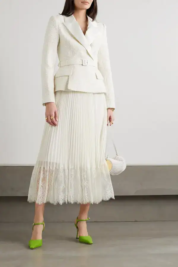 Self-Portrait Belted Pleated Satin And Lace-Trimmed Bouclé And Chiffon Midi Dress In Cream - 30% Off