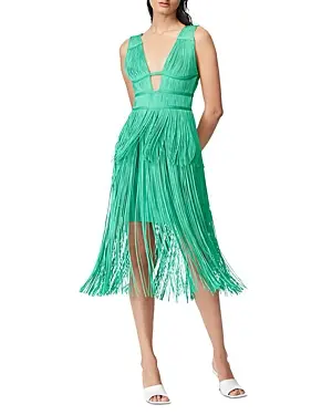 Herve Leger Plunging Fringe Midi Dress In Juniper - 70% Off | Editorialist