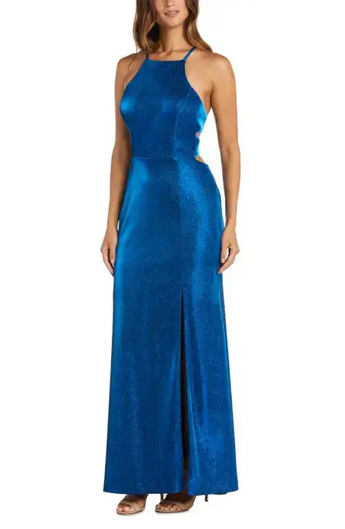 knee length dresses for ladies Sydneys Closet SC7415 Size 24 Peacock Metallic A Line Plus Size Prom Dress V Neck Formal Gown Color Shift 24 / Peacock main image 0